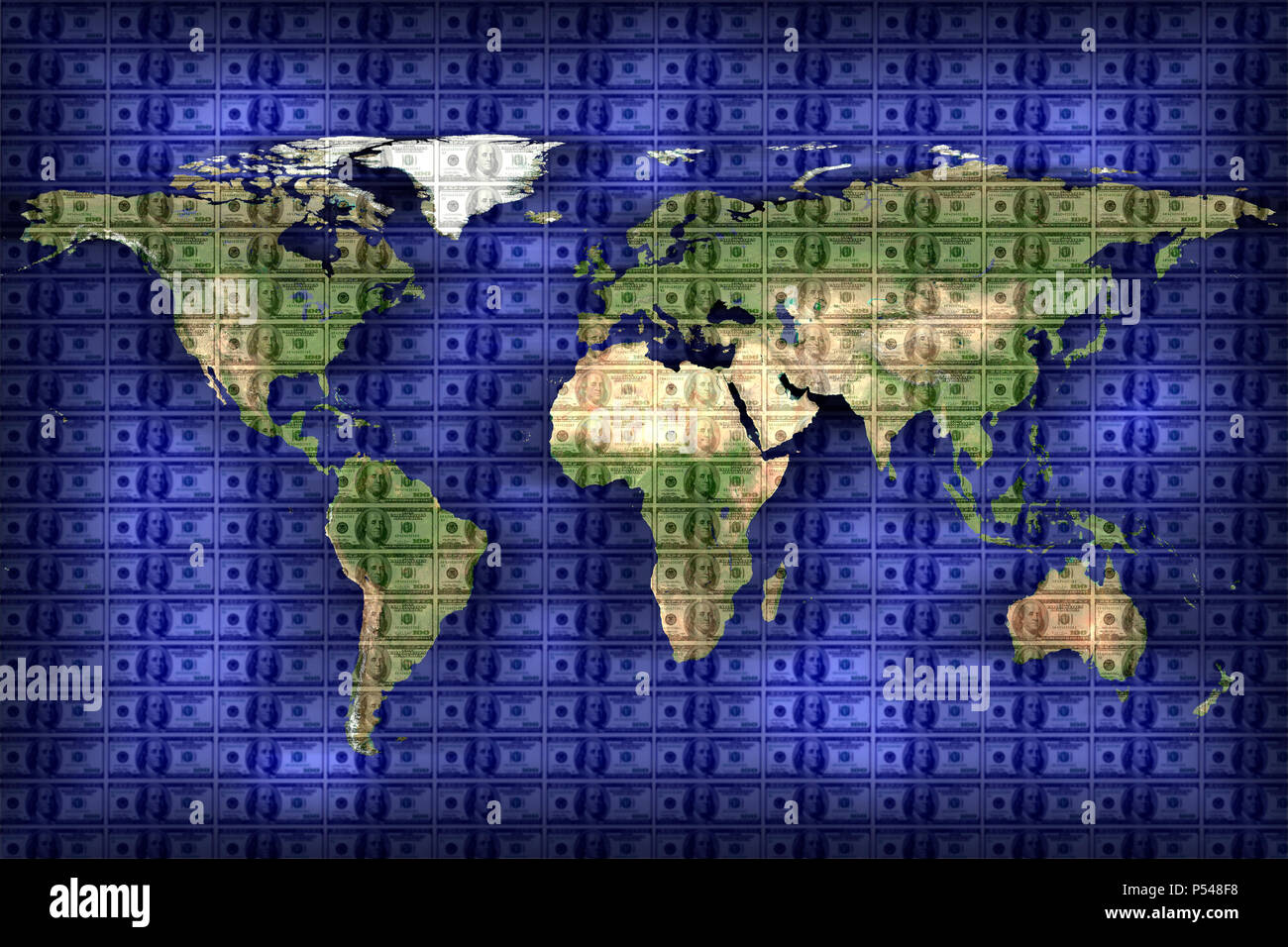 close up shot of a world map on dollar bill background Stock Photo - Alamy