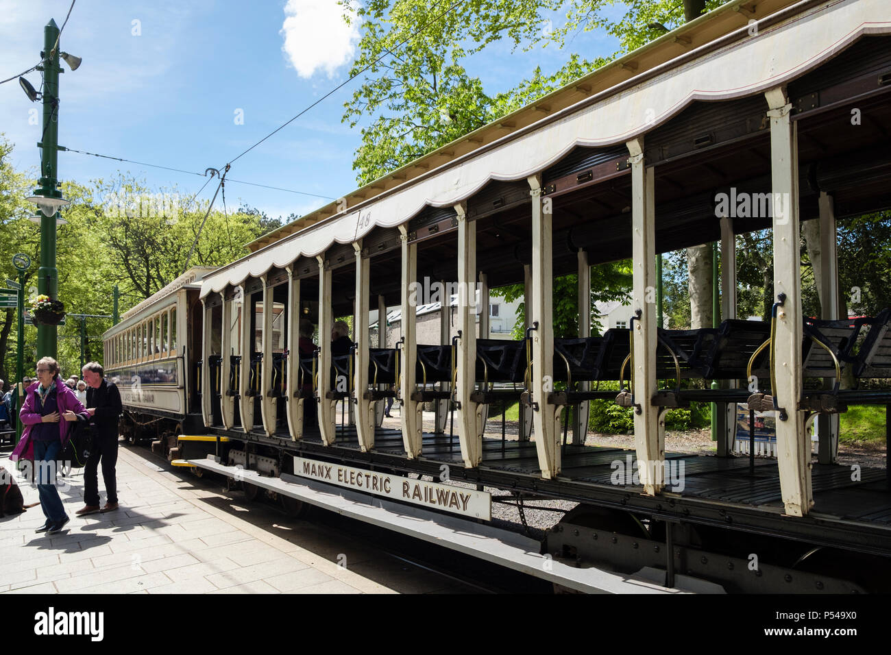 Passengers on platform outside old Manx Electric Railway / Tramway ...
