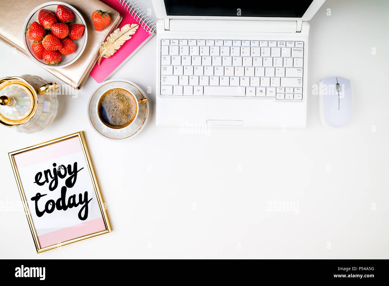 Flat lay trendy feminine home workspace. Home office desk with laptop ...