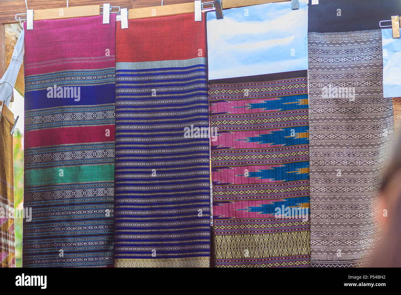 Colorful of native thai style silk. Beautiful handmade woven fabrics ...