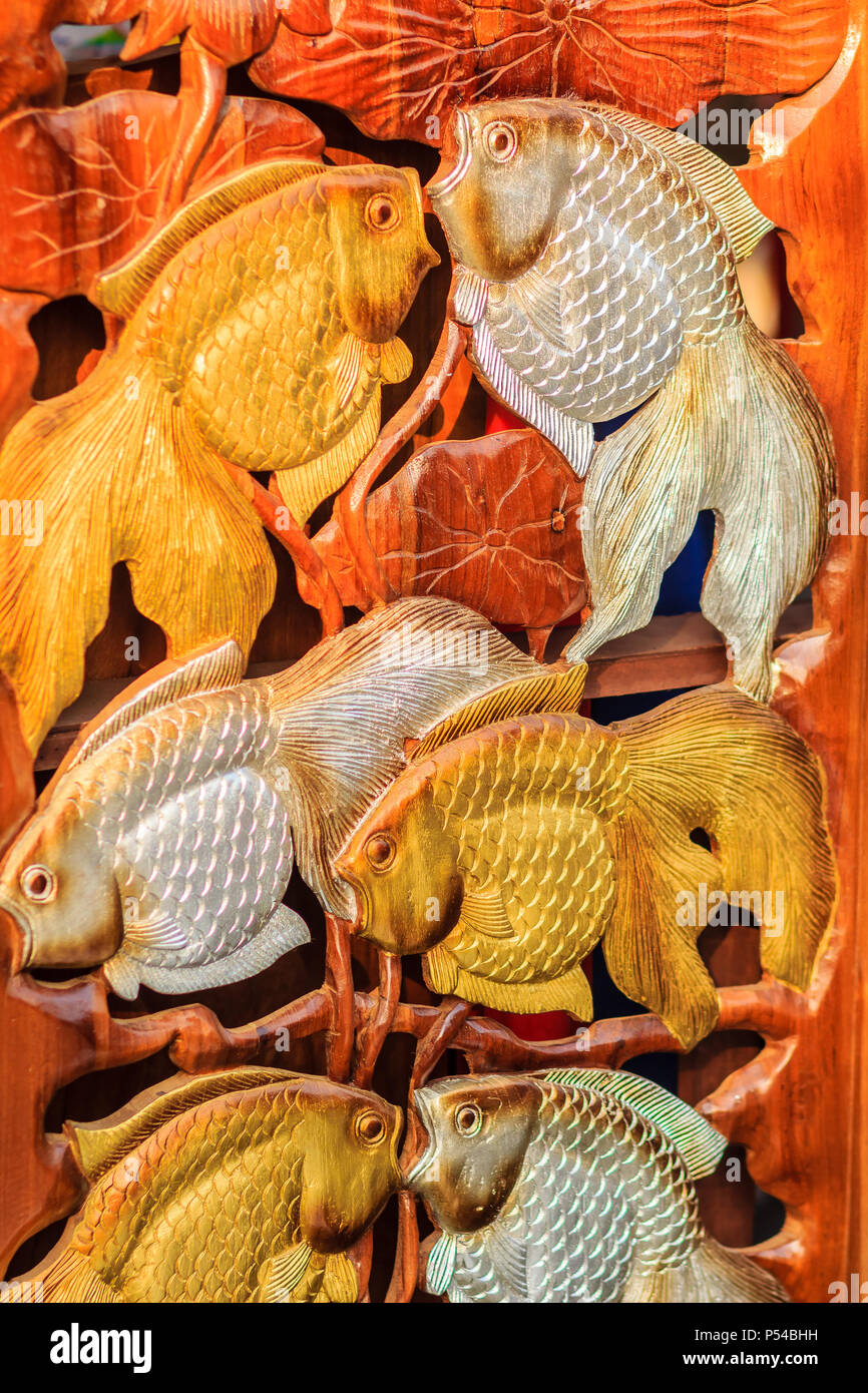 Beautiful Wood carving of gold silver fishes. Antique Art Handmade ...