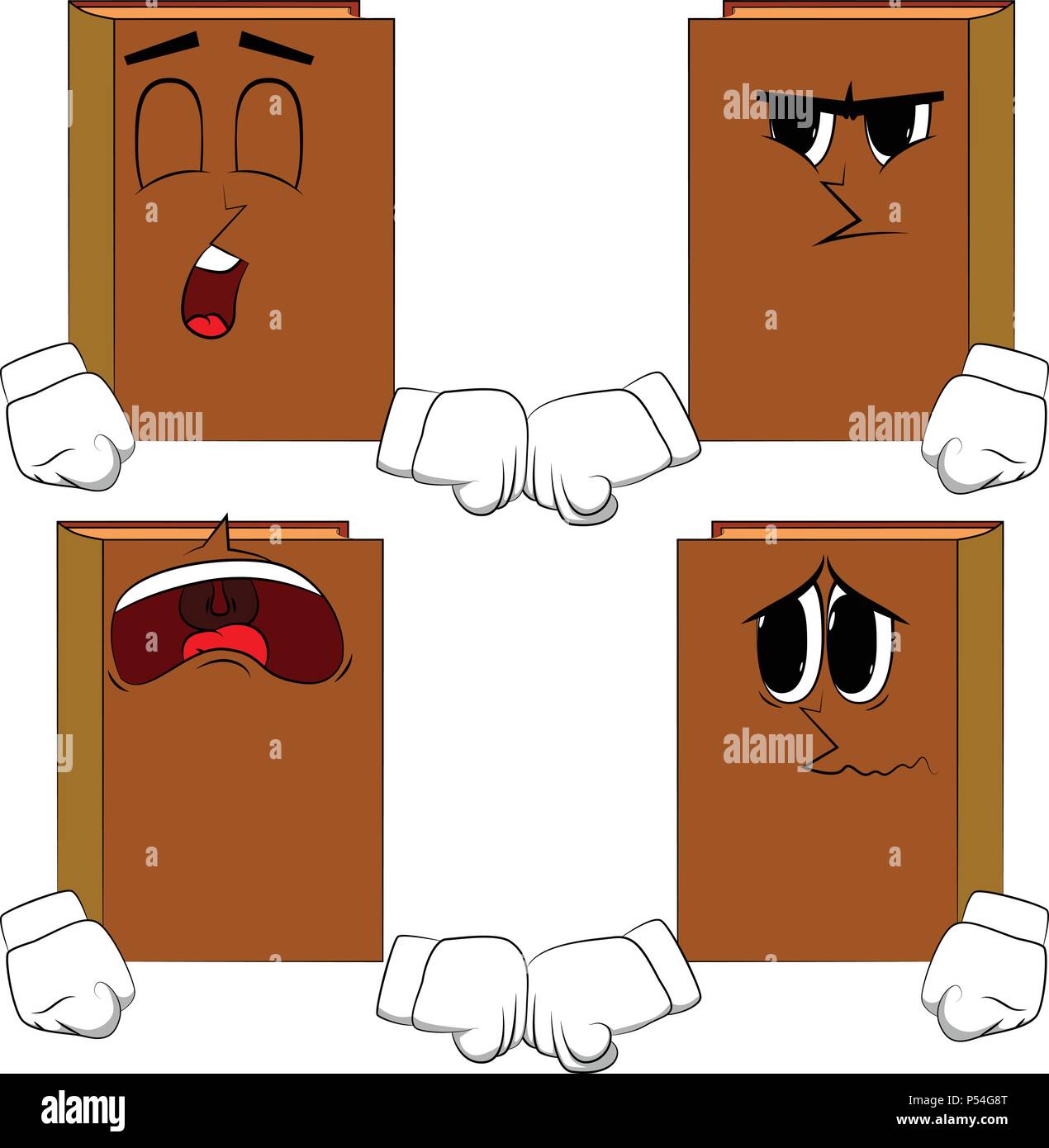 Books giving a fist bump. Cartoon book collection with sad faces ...