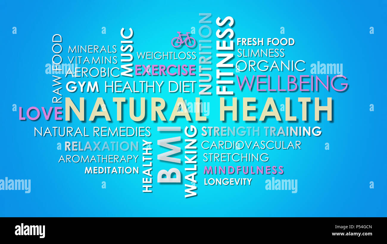 Health and wellbeing related text word cloud on blue background Stock ...