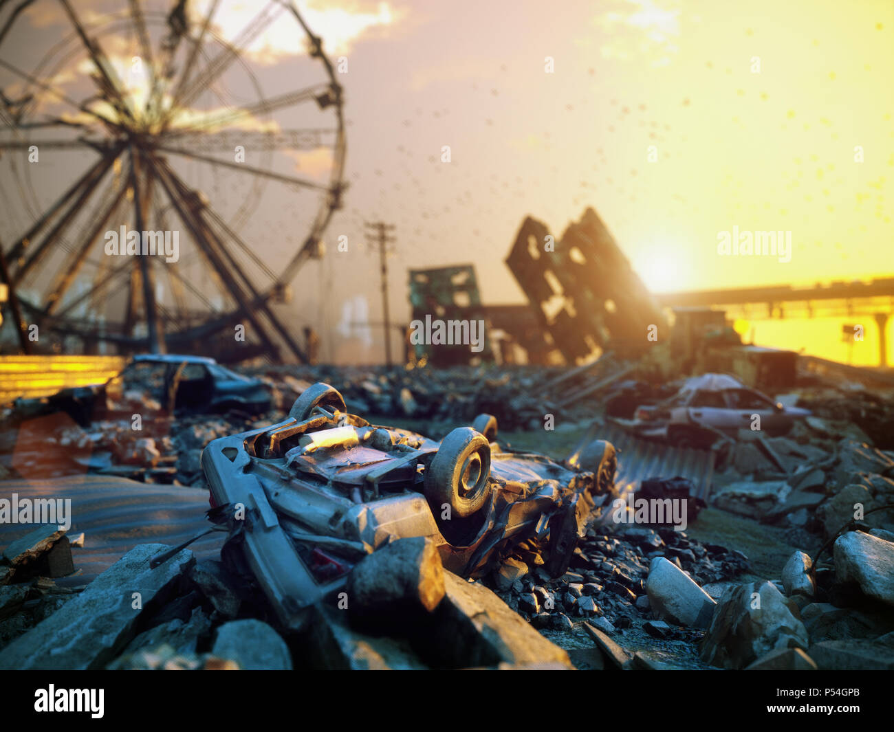 Apocalypse landscape sunset. 3D rendering concept Stock Photo - Alamy