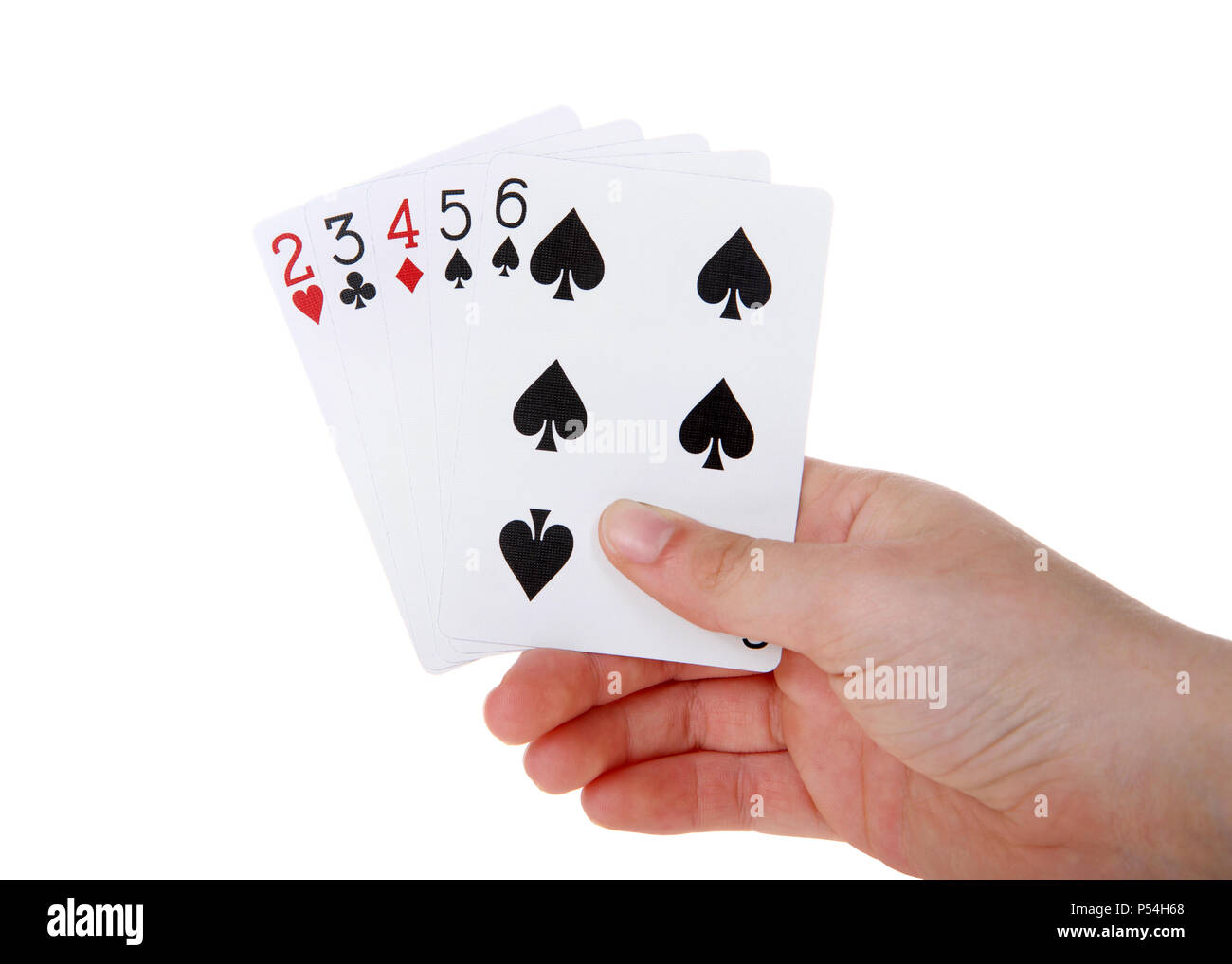 Young female hand holding Playing cards, a straight A straight is five ...