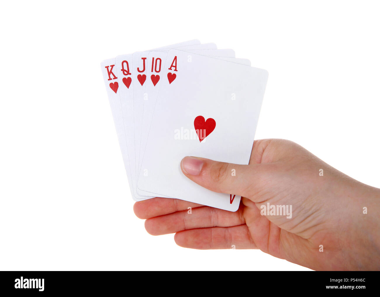 Young female hand holding Playing cards, royal flush. It is a straight ...
