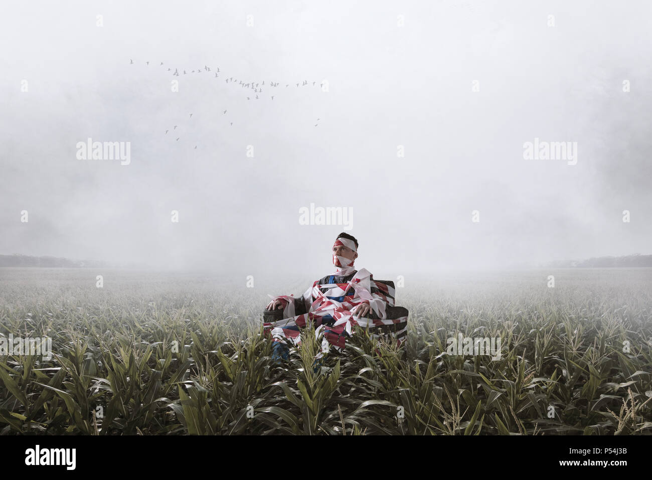 Autistic wrapped in crime-scene tape sitting on a chair in the middle ...