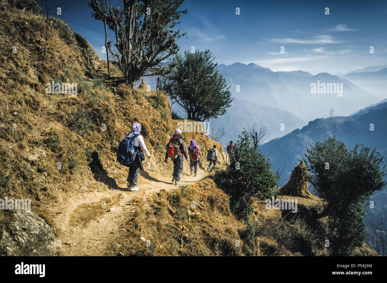 People hiking on a hiking trail in the mountains Stock Photo - Alamy