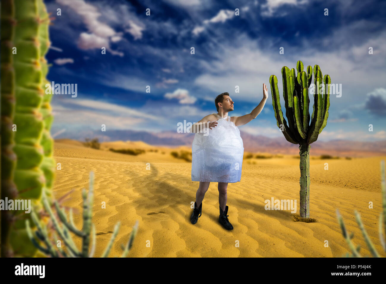 Funny freak man wrapped in packaging film walks in desert, green nature ...