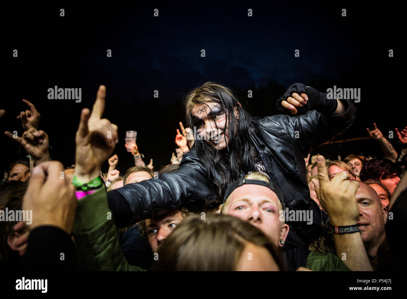 Denmark, Copenhagen - June 23, 2018. Heavy metal fans attend a live ...