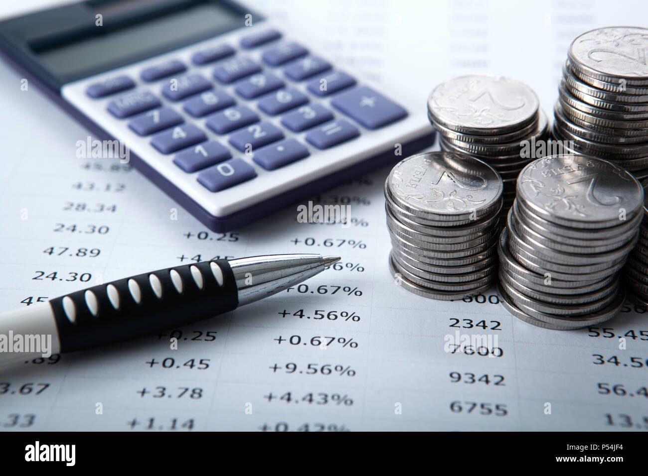 stacks of Russian rubles with calculator and pen close up Stock Photo ...