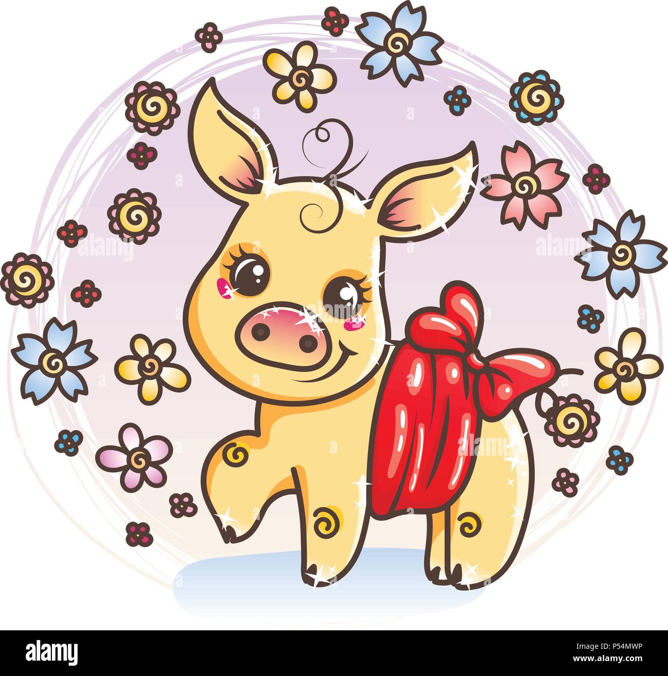 Cute cartoon golden baby pig on a flower background. Vector ...