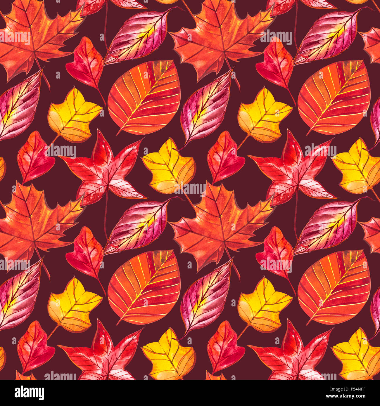 Red and Orange Autumn Leaves Background. Watercolor seamless pattern ...