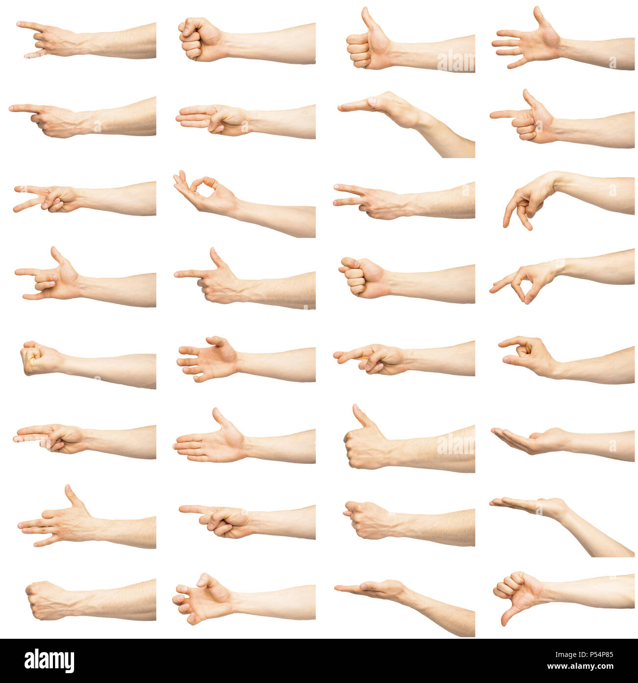 Multiple male caucasian hand gestures isolated over the white ...