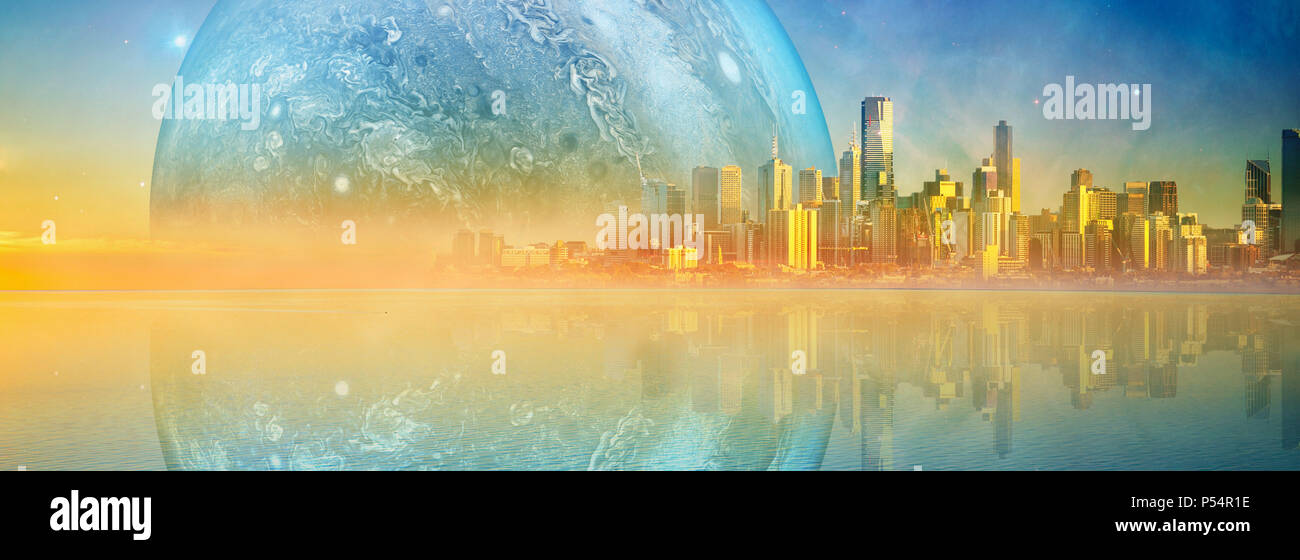 Fantasy landscape modern megapolis skyline and huge alien planet ...
