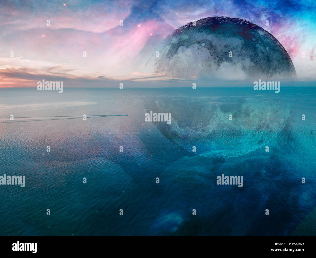 Fantasy unreal seascape - small fishing boat sailing across calm sea ...