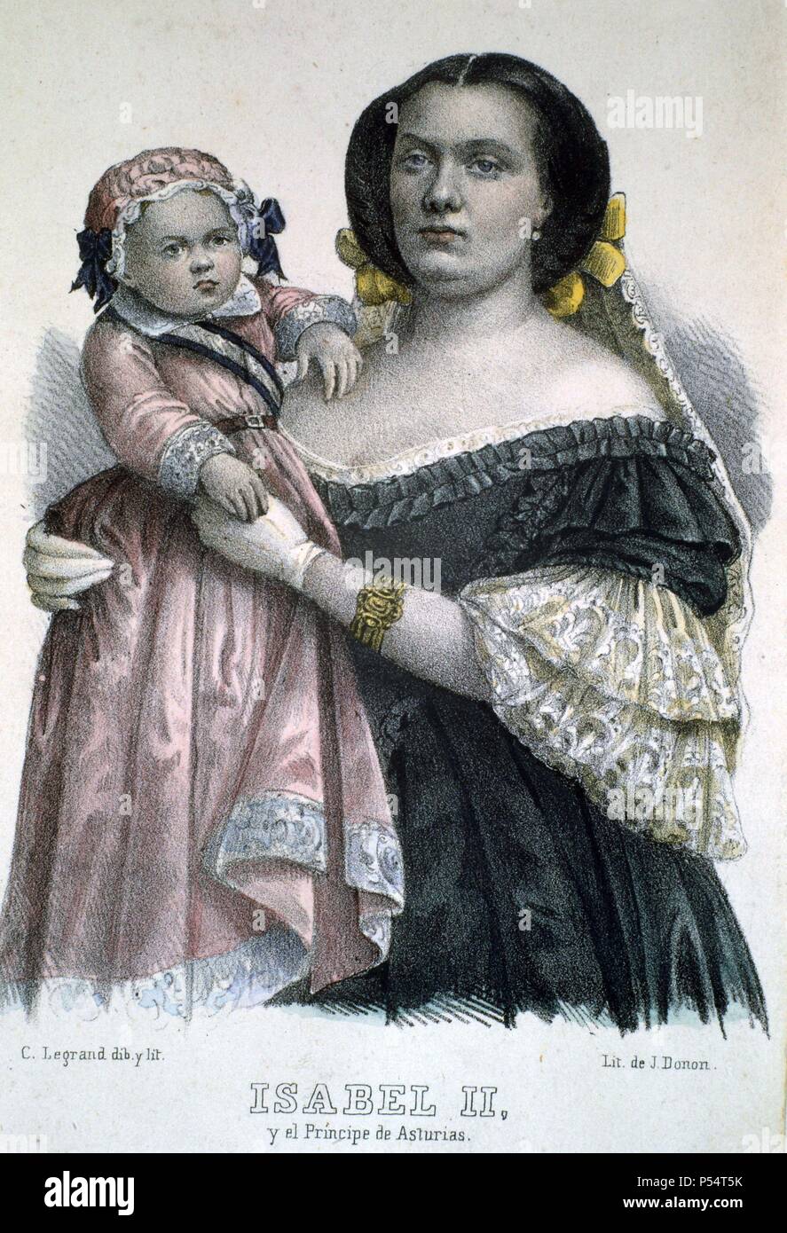 Isabel II de España (1830-1904) con su hijo Alfonso en 1858. Grabado de ...