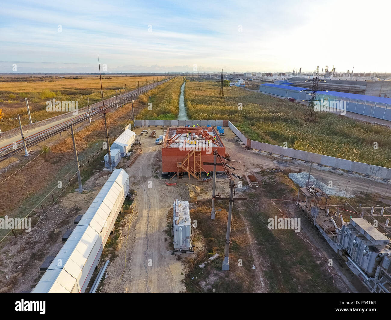 Construction of a brick building. Installation of the roof ...