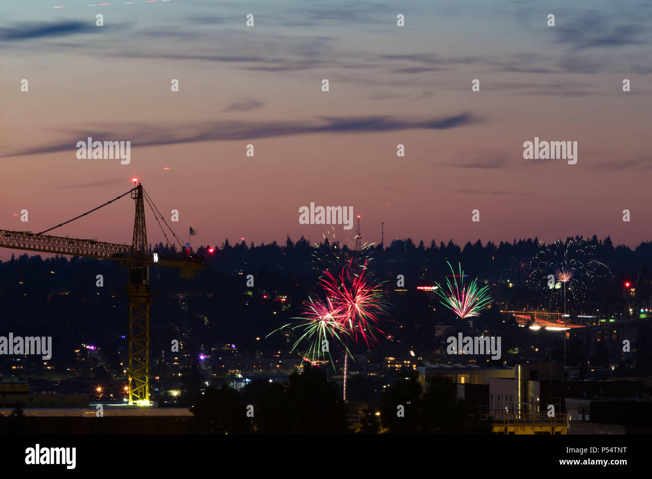 Fireworks over downtown Seattle at night on independence day Stock ...