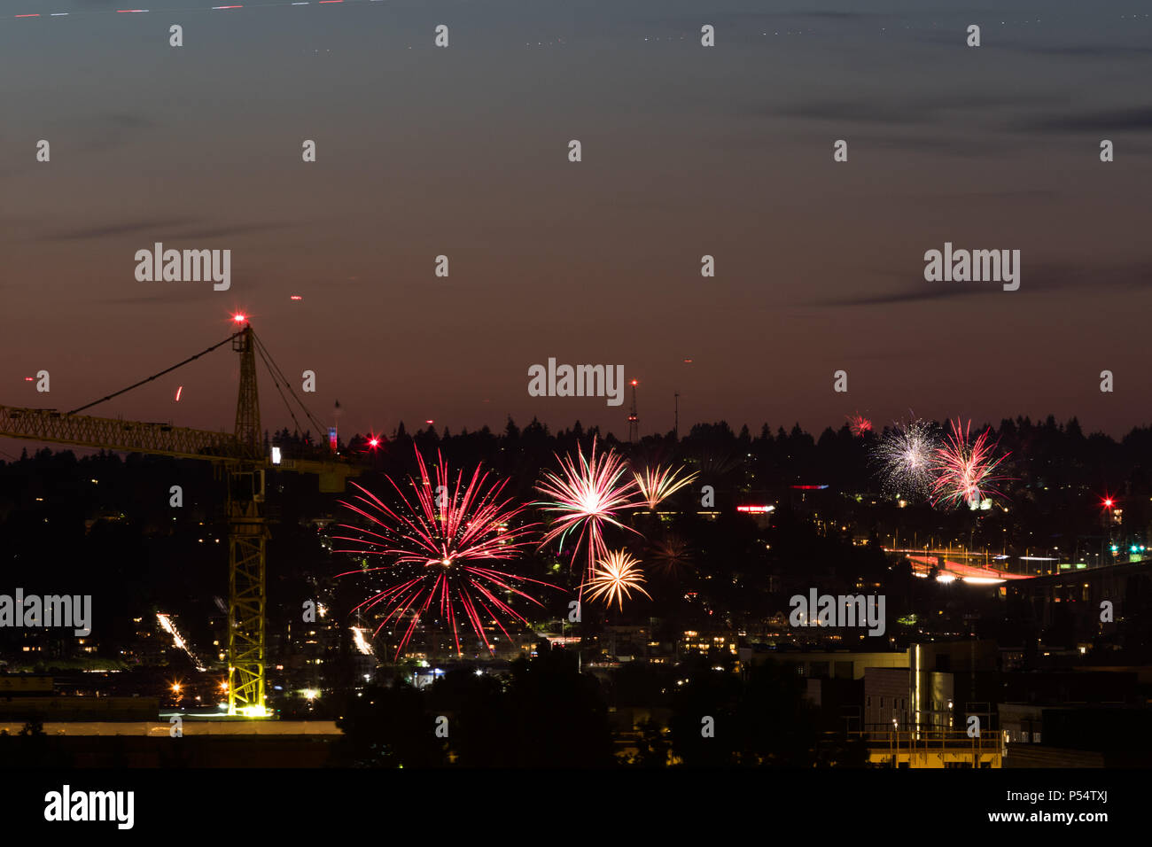 Fireworks over downtown Seattle at night on independence day Stock ...