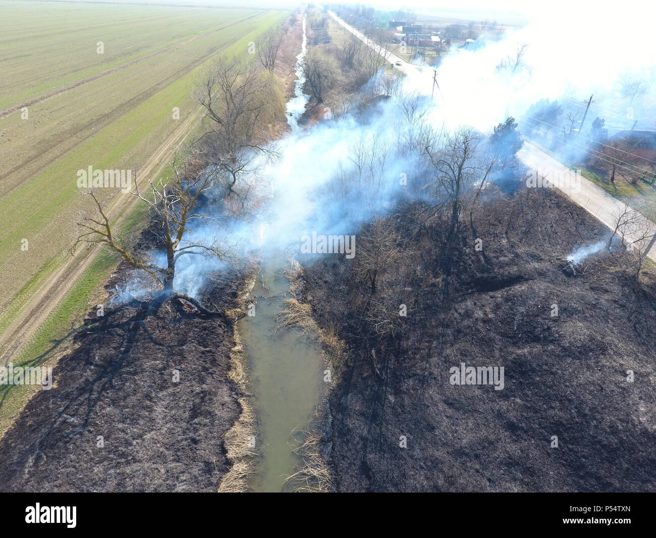 Burning dry grass along the irrigation canal. Smoke and the flame of ...