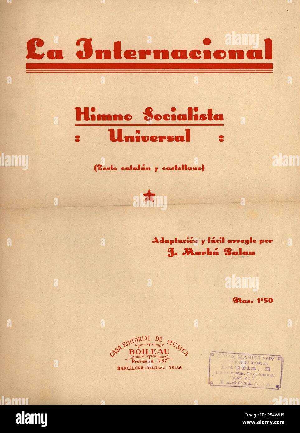 Partitura musical del himno socialista universal, La Internacional ...