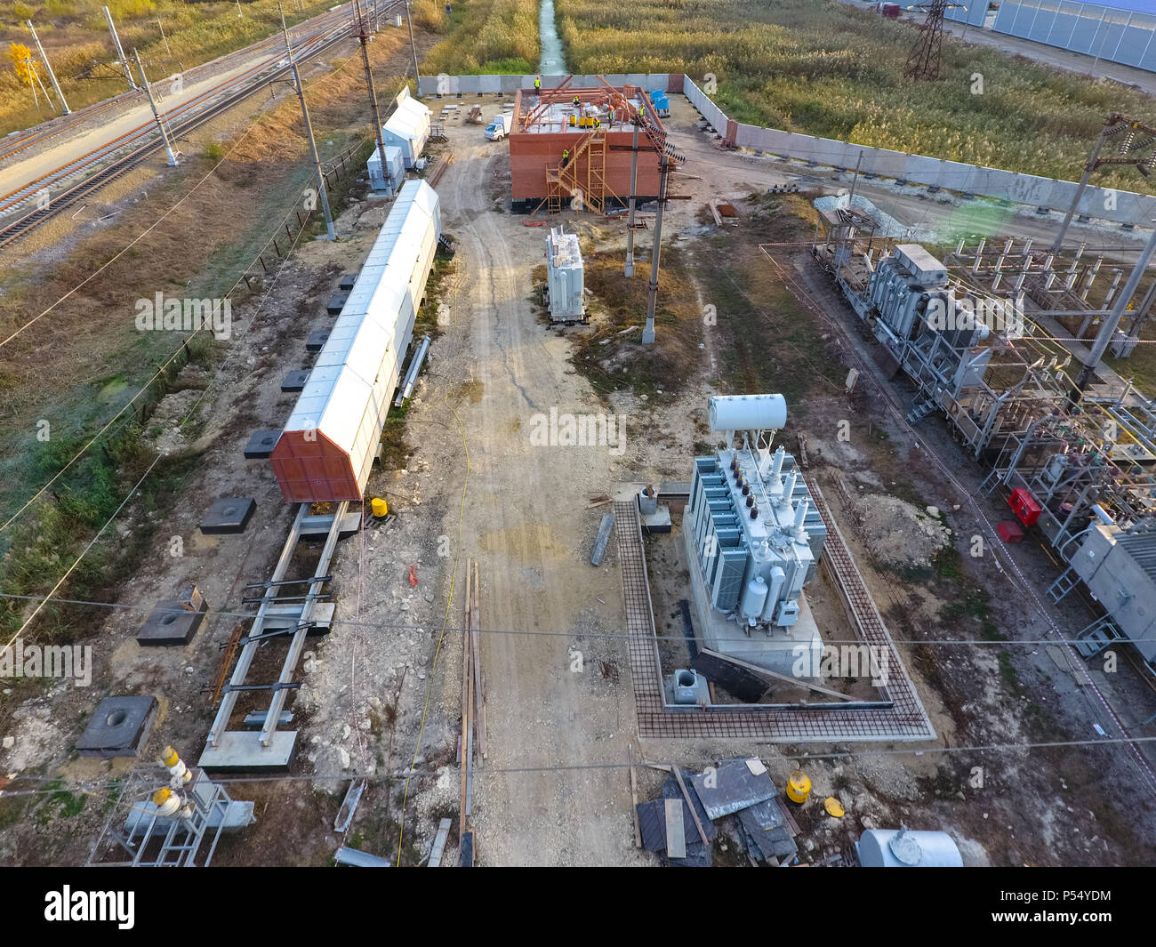Construction of a transformer substation near the railway Stock Photo ...