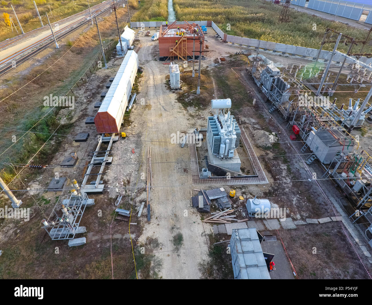 Construction of a transformer substation near the railway Stock Photo ...