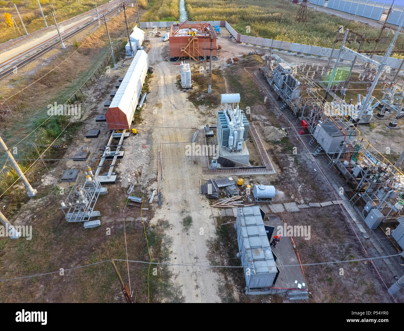 Construction of a transformer substation near the railway Stock Photo ...