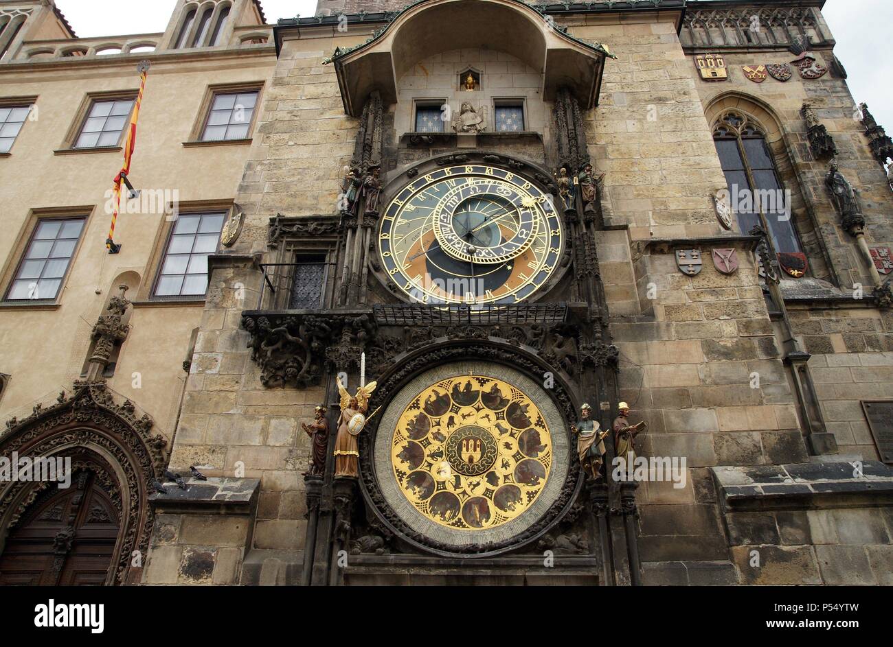 The Prague Astronomical Clock or Prague Orloj mounted on the southern ...