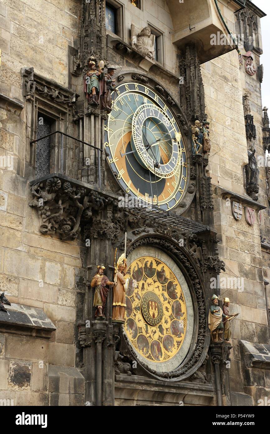 The Prague Astronomical Clock or Prague Orloj mounted on the southern ...