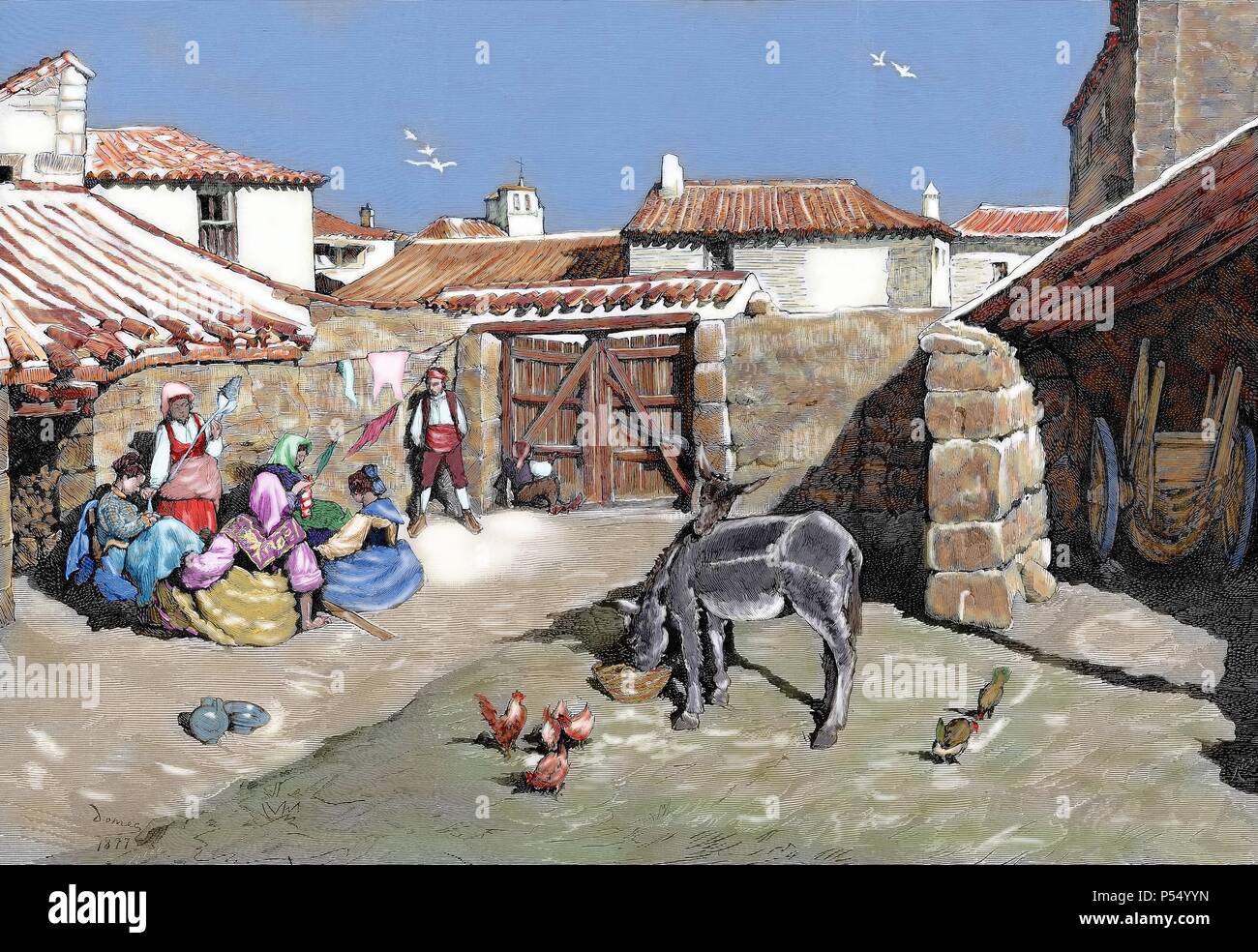 Spain. Aragon. Women sewing and spinning in the corral. Engraving by ...