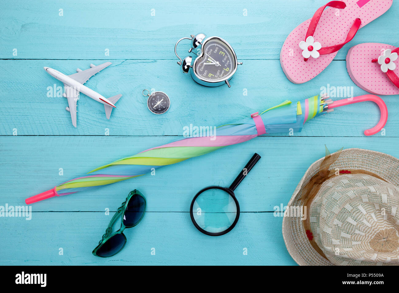 Summer background of summer objects and accessories for holiday time on ...