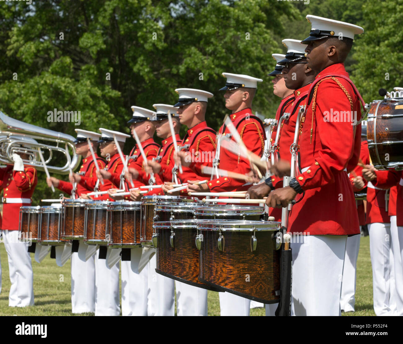 Members of the U.S. Marine Drum & Bugle Corps perform during the ...