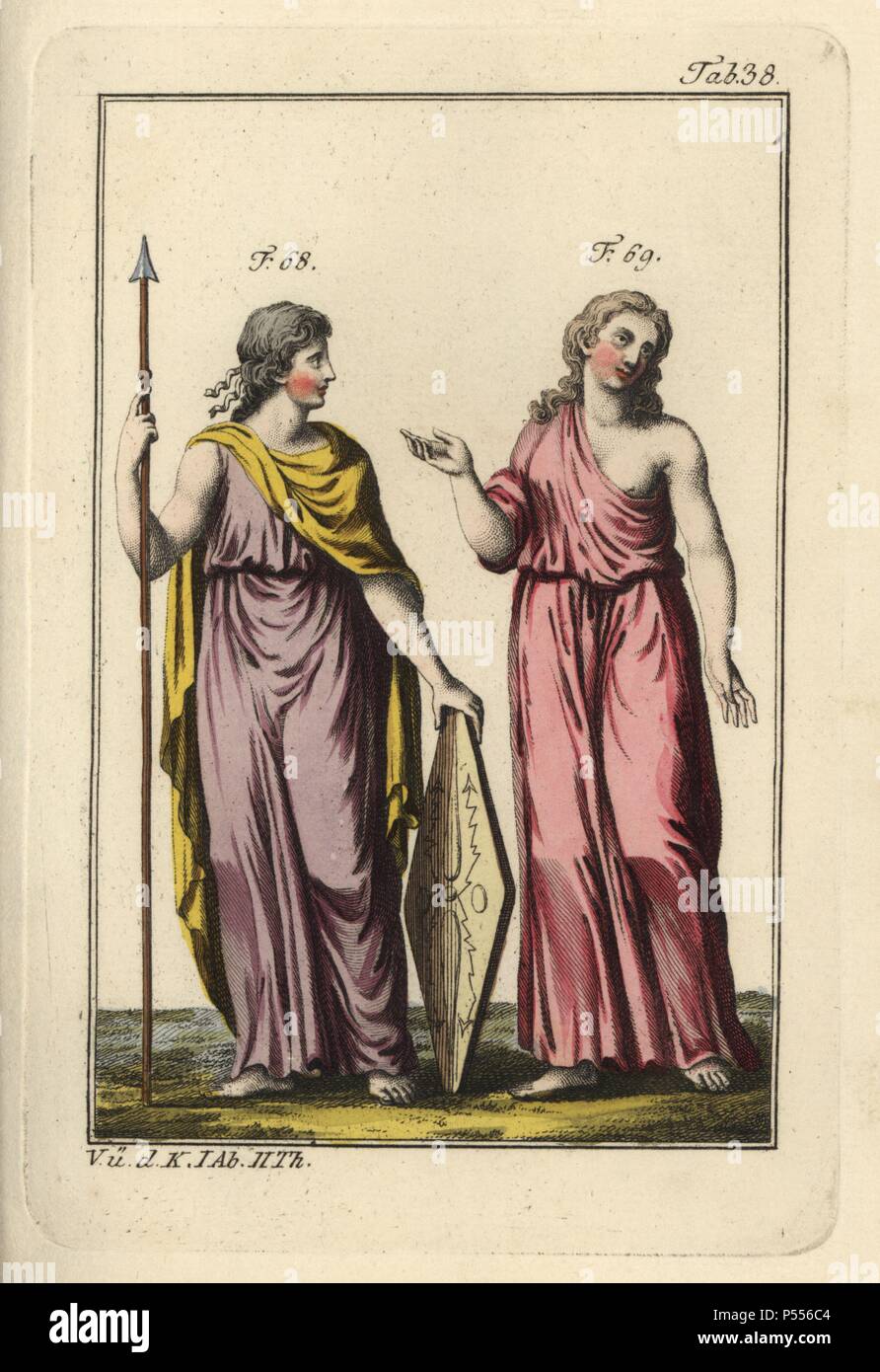 German women, one with shield and lance. Handcolored copperplate ...
