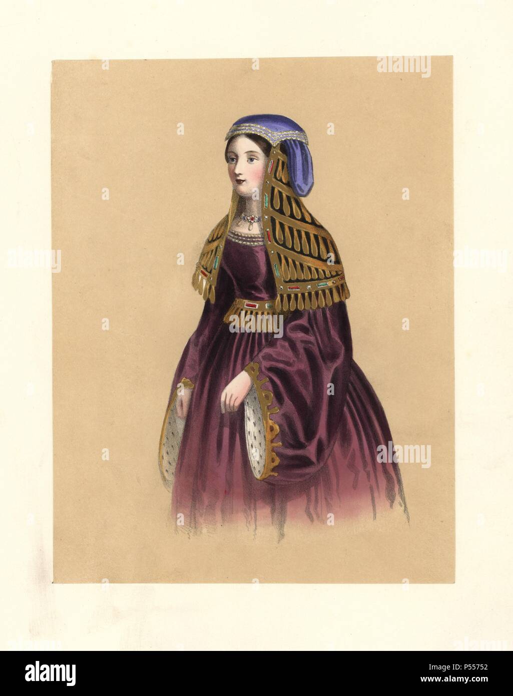 Dress of the reign of King Henry VII, 14851509. She wears a frontlet ...