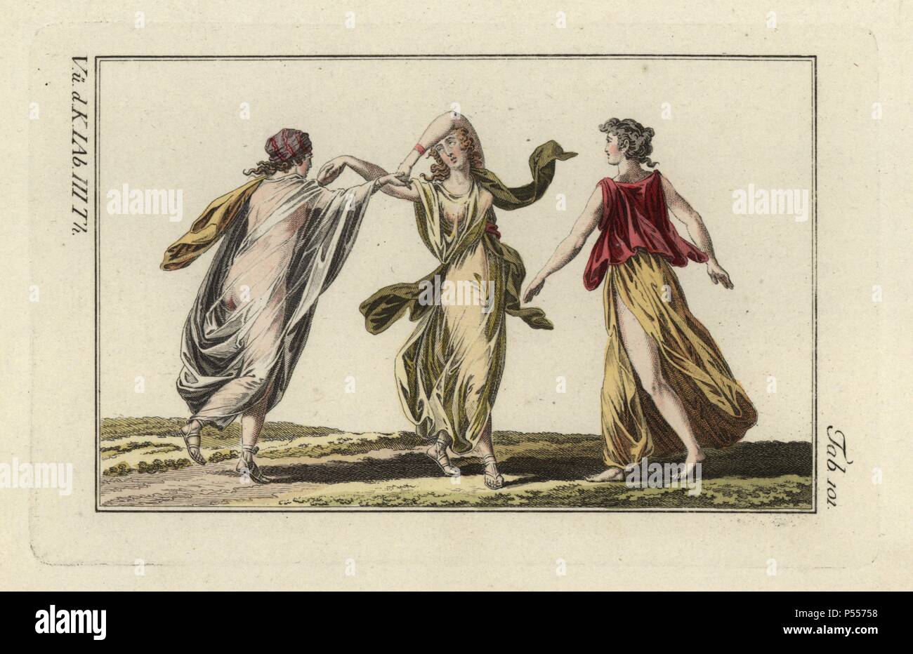 Roman dancing girls in seethrough robes. Handcolored copperplate ...