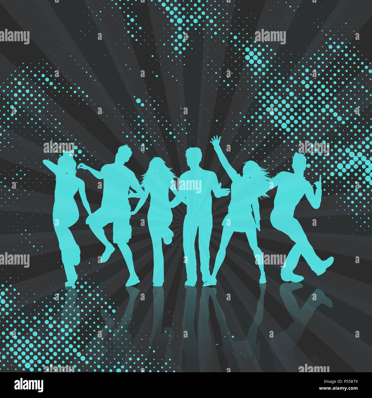 Silhouettes of people dancing on a halftone dots background Stock Photo ...