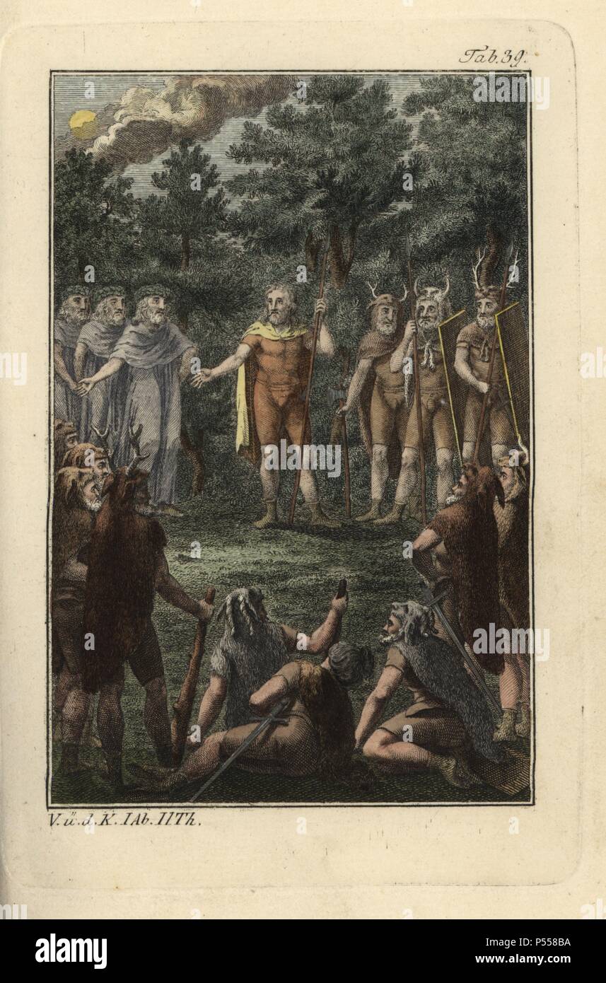 Ceremony at a German tribal meeting. Men wearing wreaths, animal skins ...