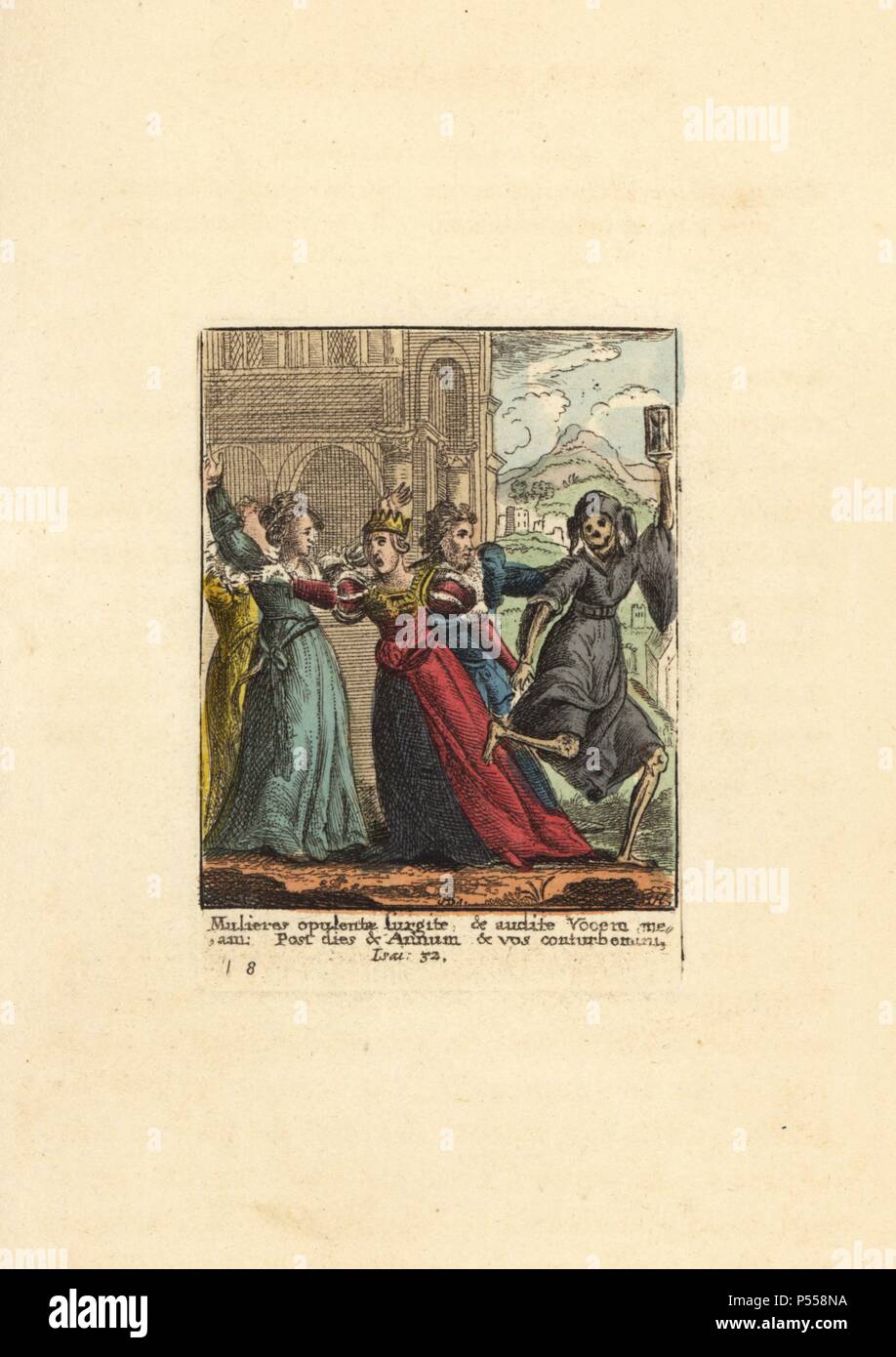 Skeleton of Death in Fool's robes with hourglass takes the hand of the ...