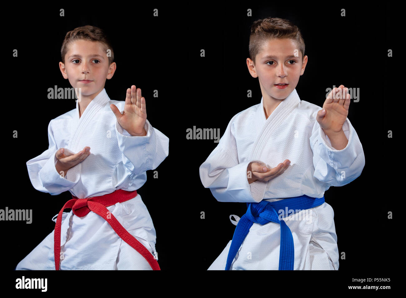 two boys training karate kata exercises at test qualification Stock ...