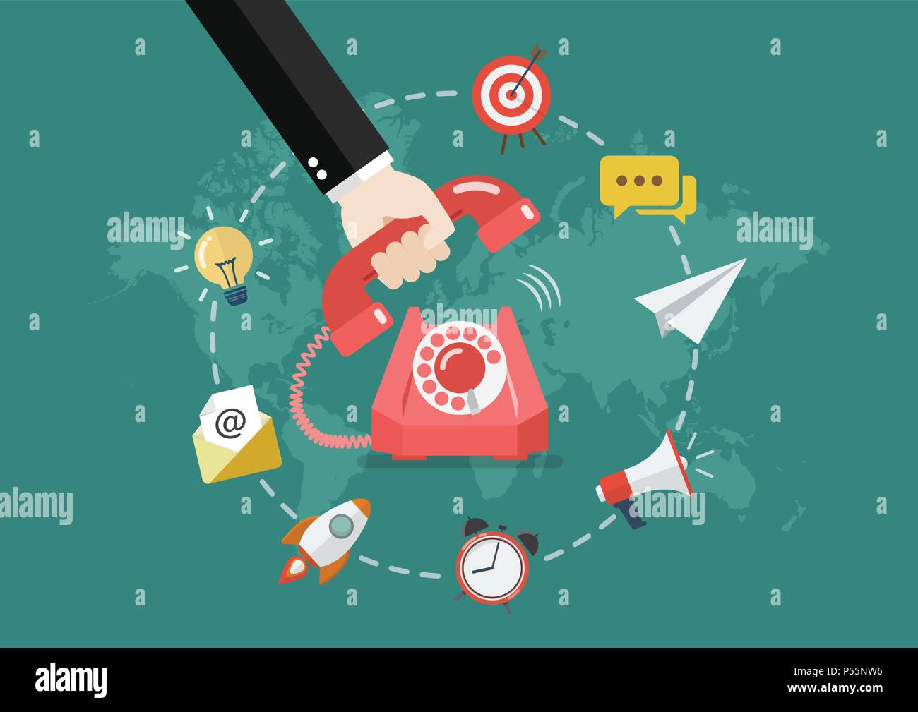 Hand picking up the phone with business icons infographic. Vector ...