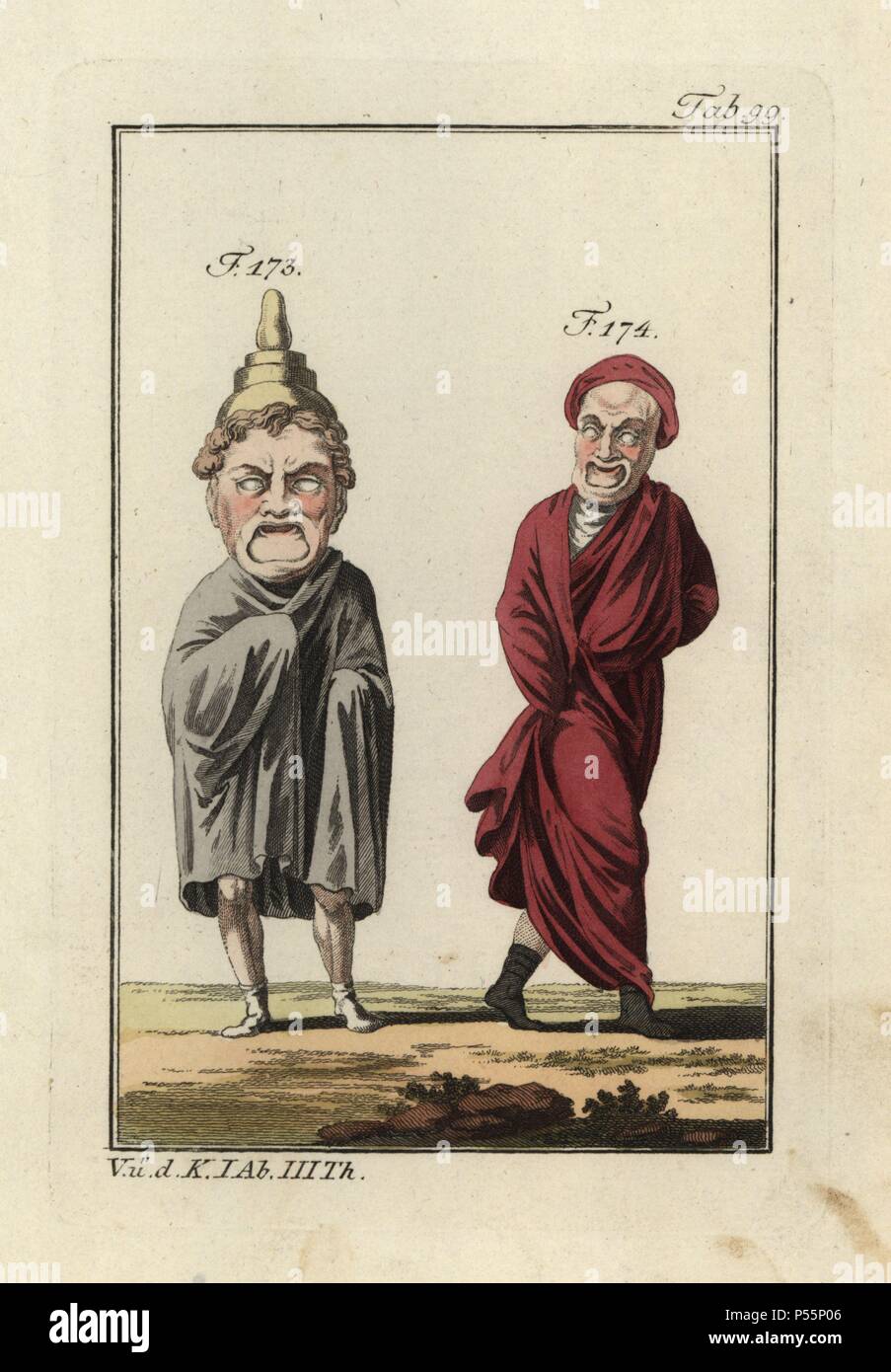 Roman actors in masks. Handcolored copperplate engraving from Robert ...