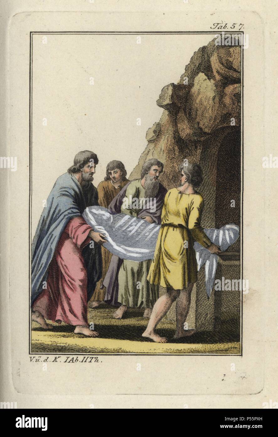 The shrouded body of Jesus Christ being carried into the tomb ...