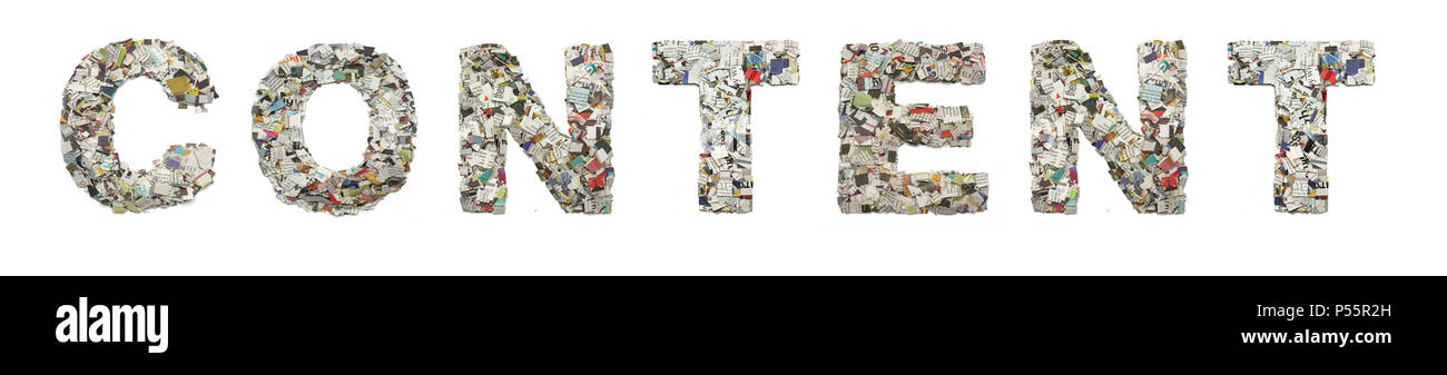 the word CONTENT made from newspaper confetti isolated on white Stock ...