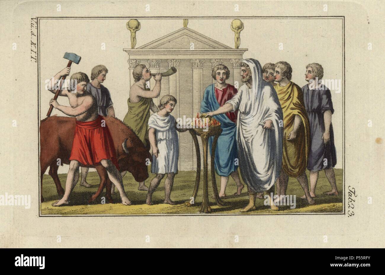Performance of a Roman sacrifice. Handcolored copperplate engraving ...