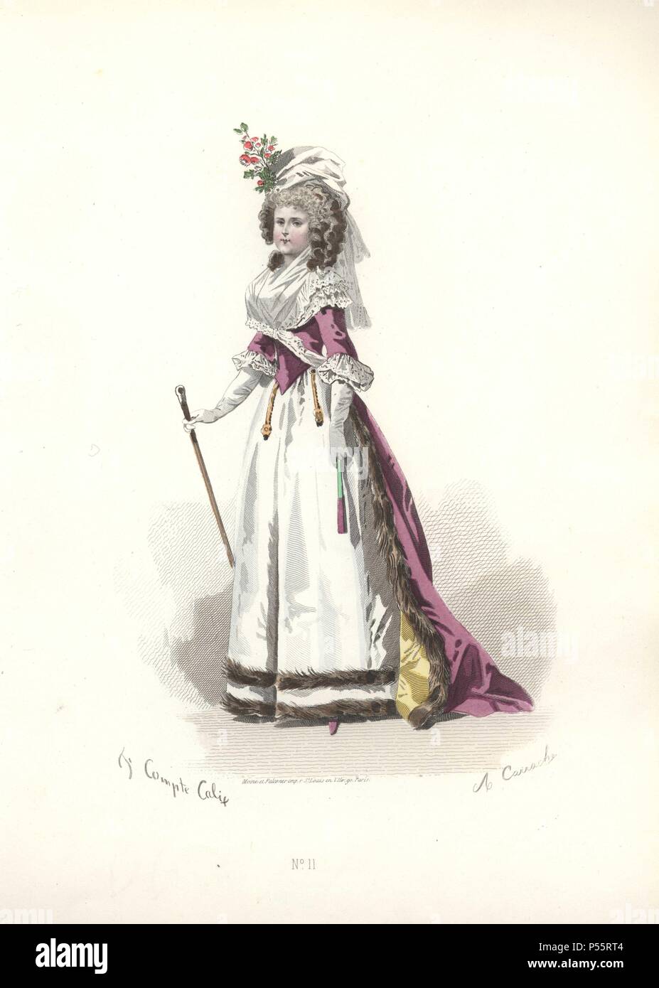 Woman in floral bonnet, wearing a pink fur-trimmed coat over long white ...