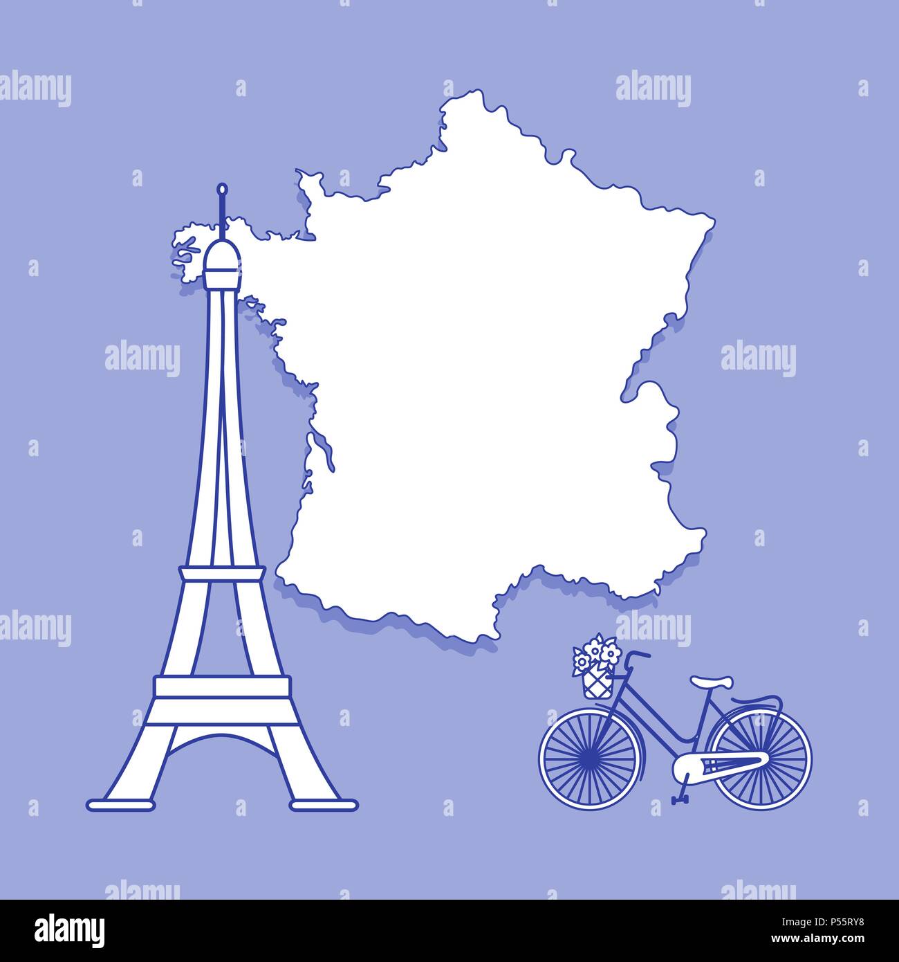 Map of France, famous tower of Paris, bicycle with a basket of flowers ...