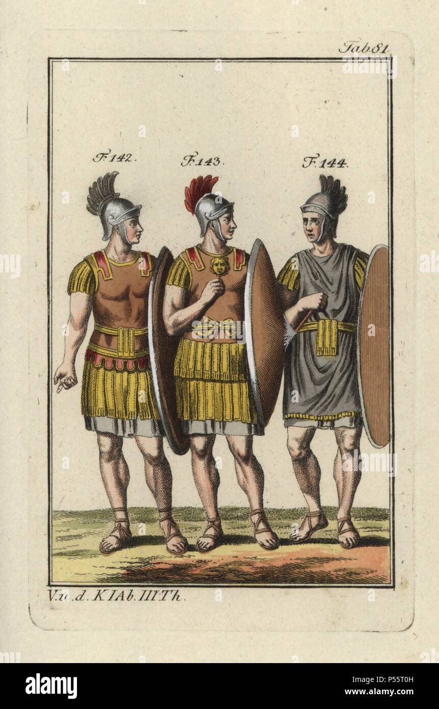 Roman soldiers in leather armour carrying shields. Handcolored ...
