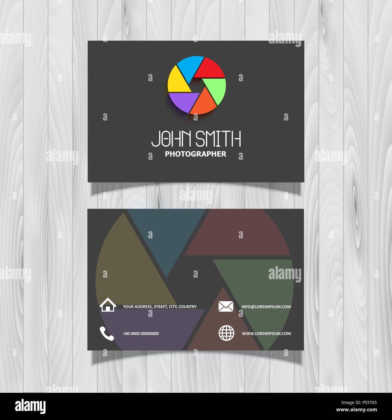 Business card template for photographer with camera shutter icon Stock ...